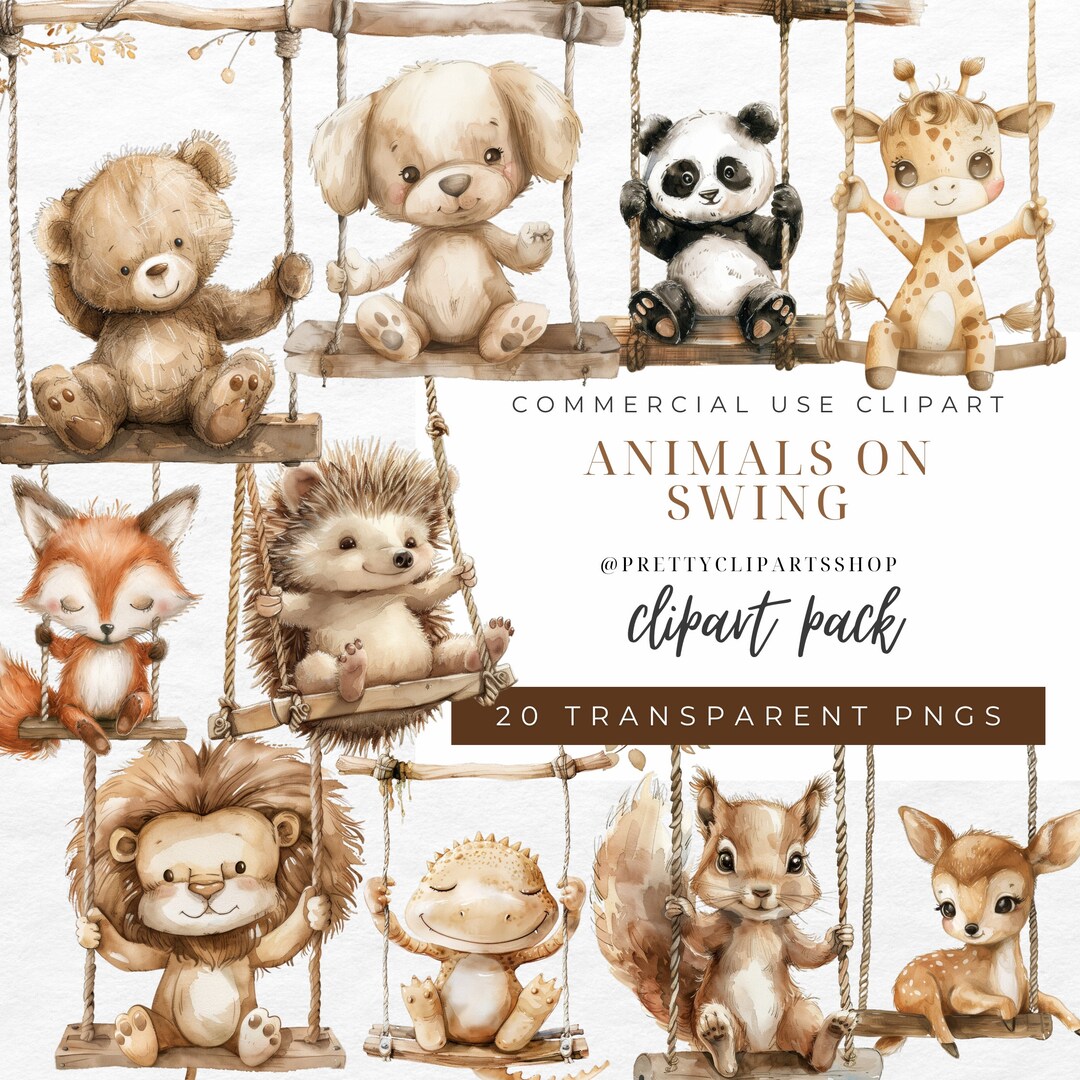 Animals on Swings Clipart: Farm & Safari Nursery (PNG Digital Download ...