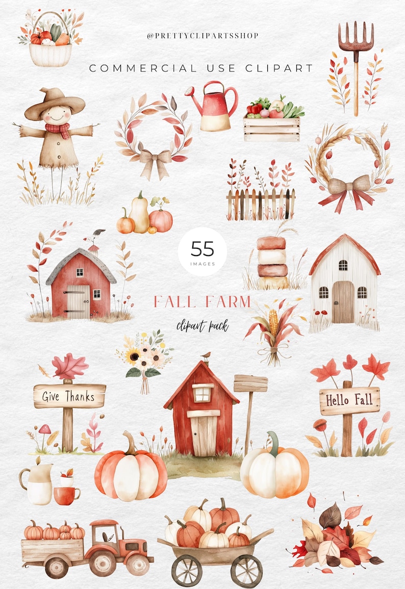 Watercolor Fall Farm Clipart Bundle: Kids, Animals, Pumpkins (PNG ...