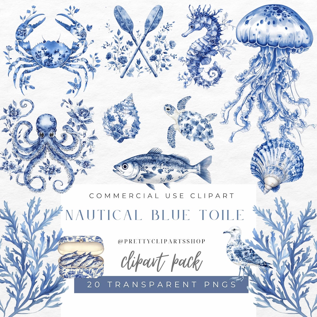 Nautical Blue Toile Watercolor Clipart: Ocean Animals PNG (digital ...