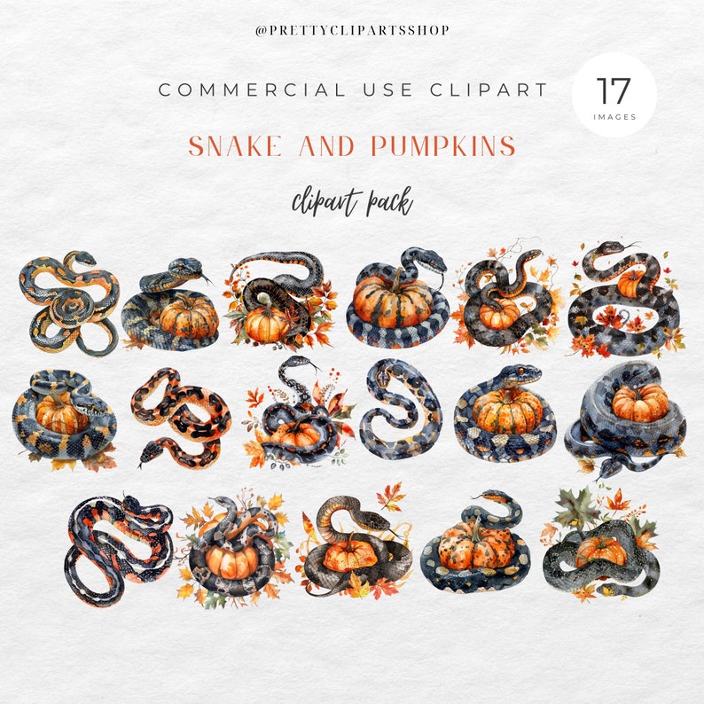 Watercolor Snakes and Pumpkins Clipart Set: Halloween Animal PNG ...