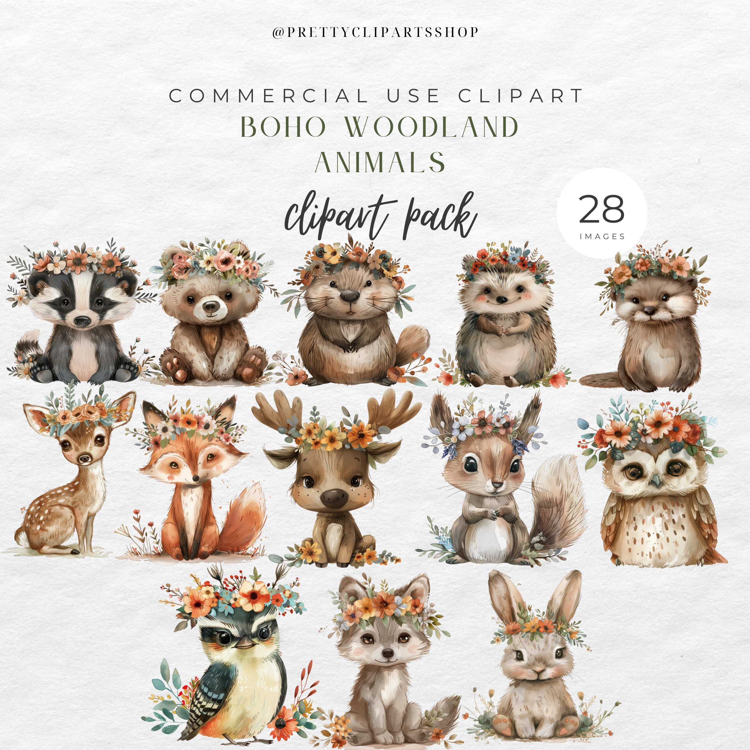 Boho Woodland Animals Clipart: Baby Shower Nursery Decor (PNG) - Etsy