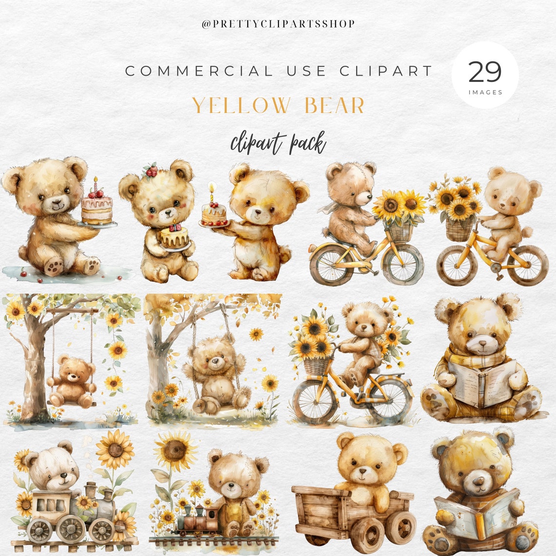 Yellow Teddy Bear Clipart, Watercolor Teddy Bear, Baby Shower Clipart ...
