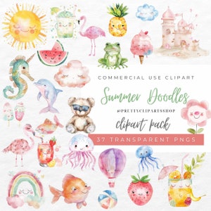 Summer Clipart PNG, Cute Summer Doodle Clipart Bundle, Watercolour ...