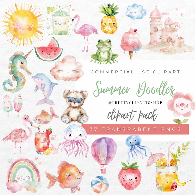 Summer Doodle Clipart Bundle: Watercolor Beach Designs (PNG, Commercial ...