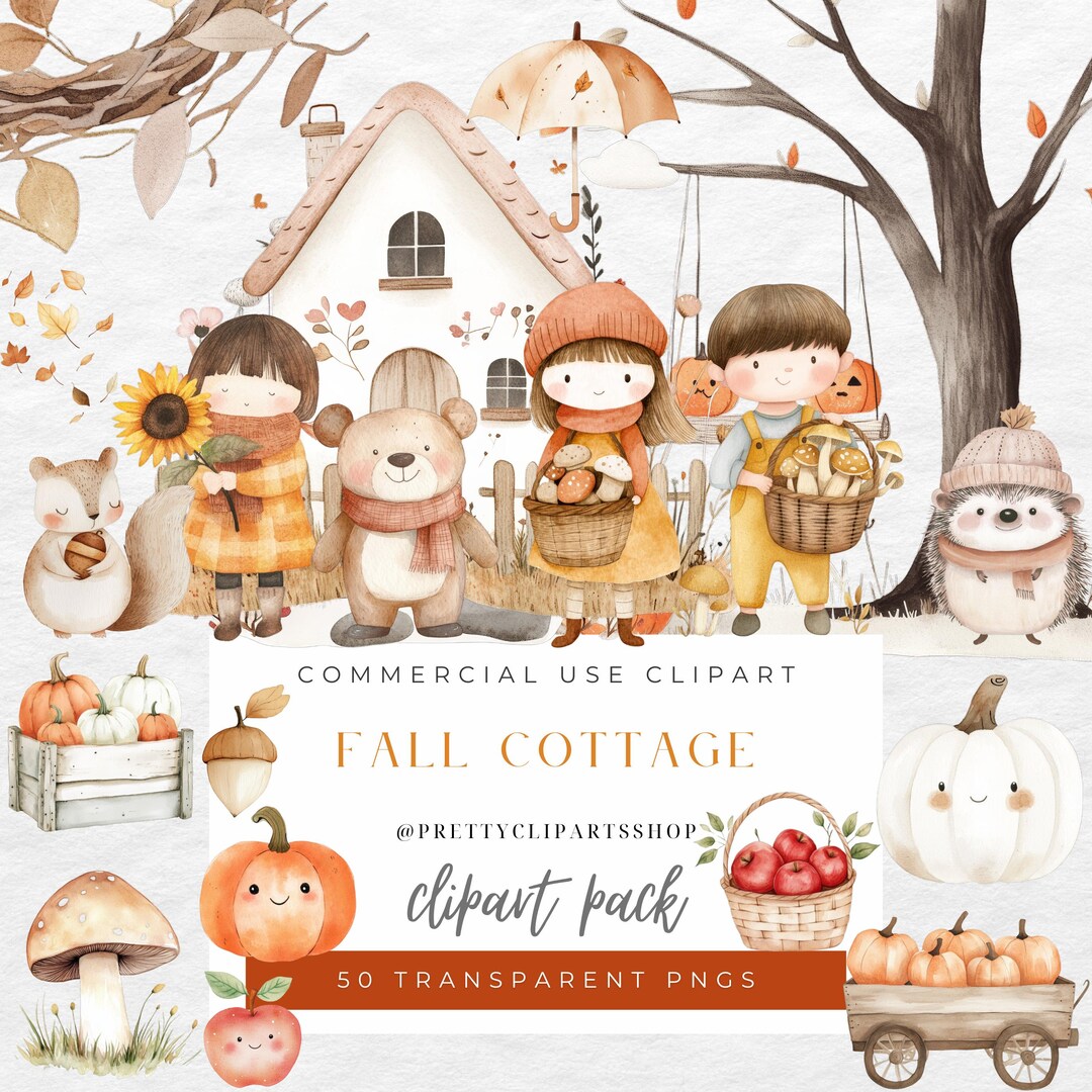 Fall Cottagecore Clipart: Watercolor Pumpkins, Animals, Florals (PNG ...