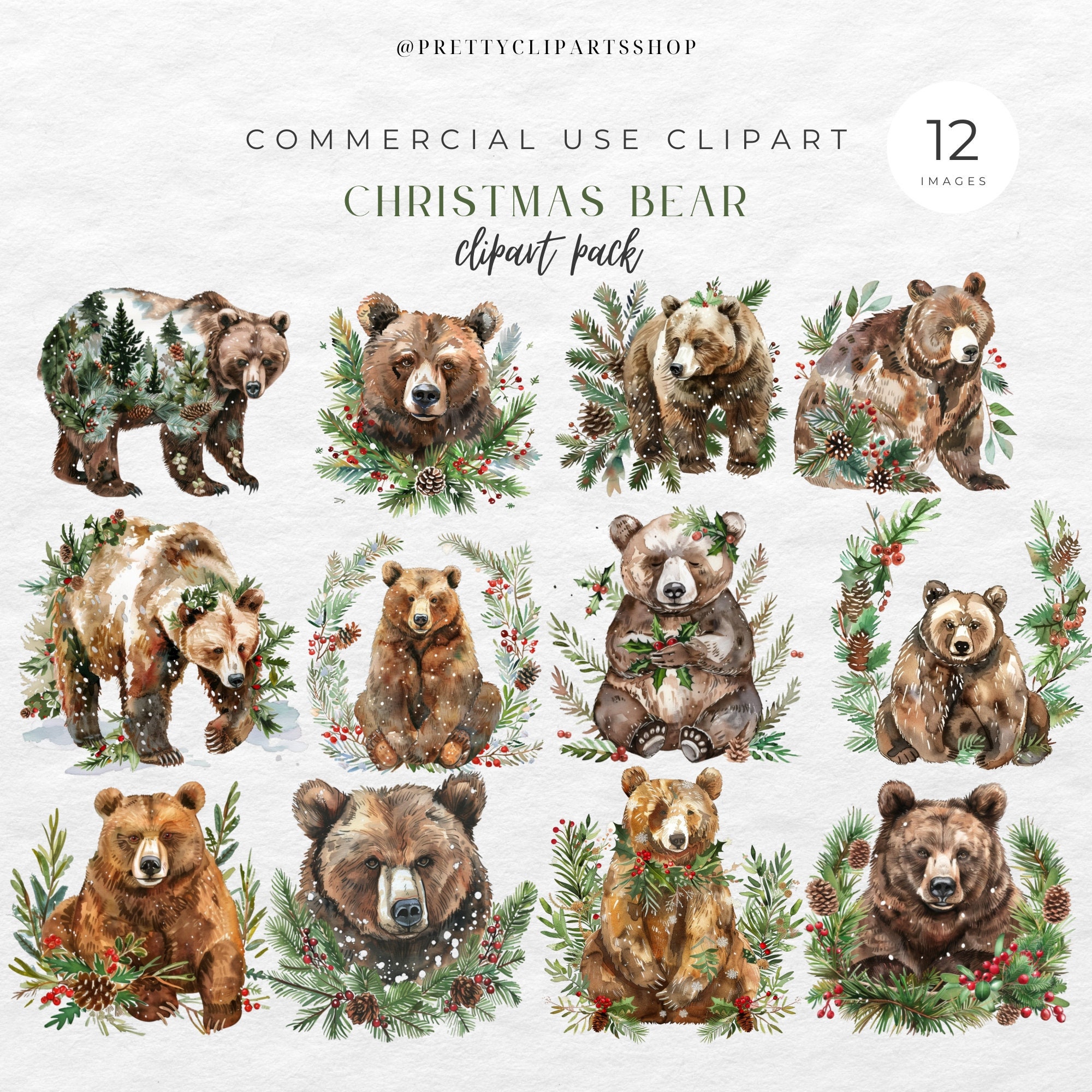 Watercolor Christmas Bear Clipart: Boho Woodland Animals (PNG) - Etsy