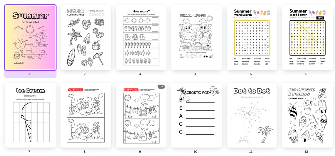 Summer Fun Activities and Coloring - Etsy