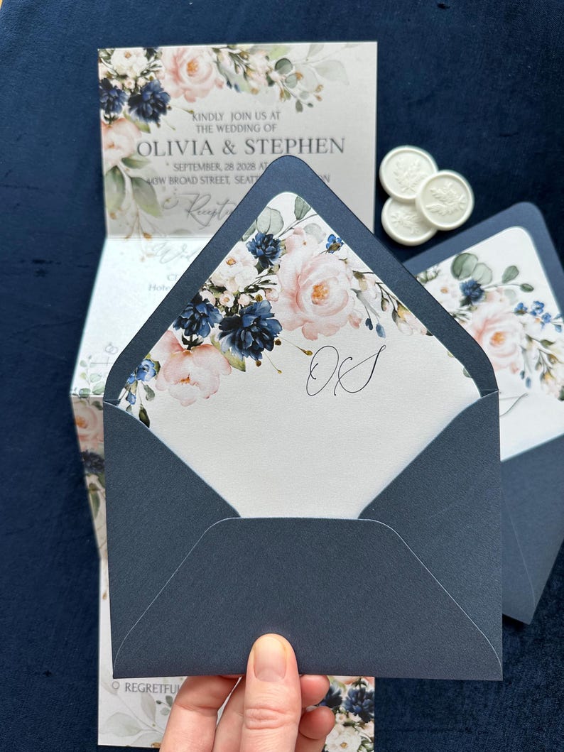 Navy Blue Wedding Invitation Set Blue Envelope With Liners Blush Pink ...