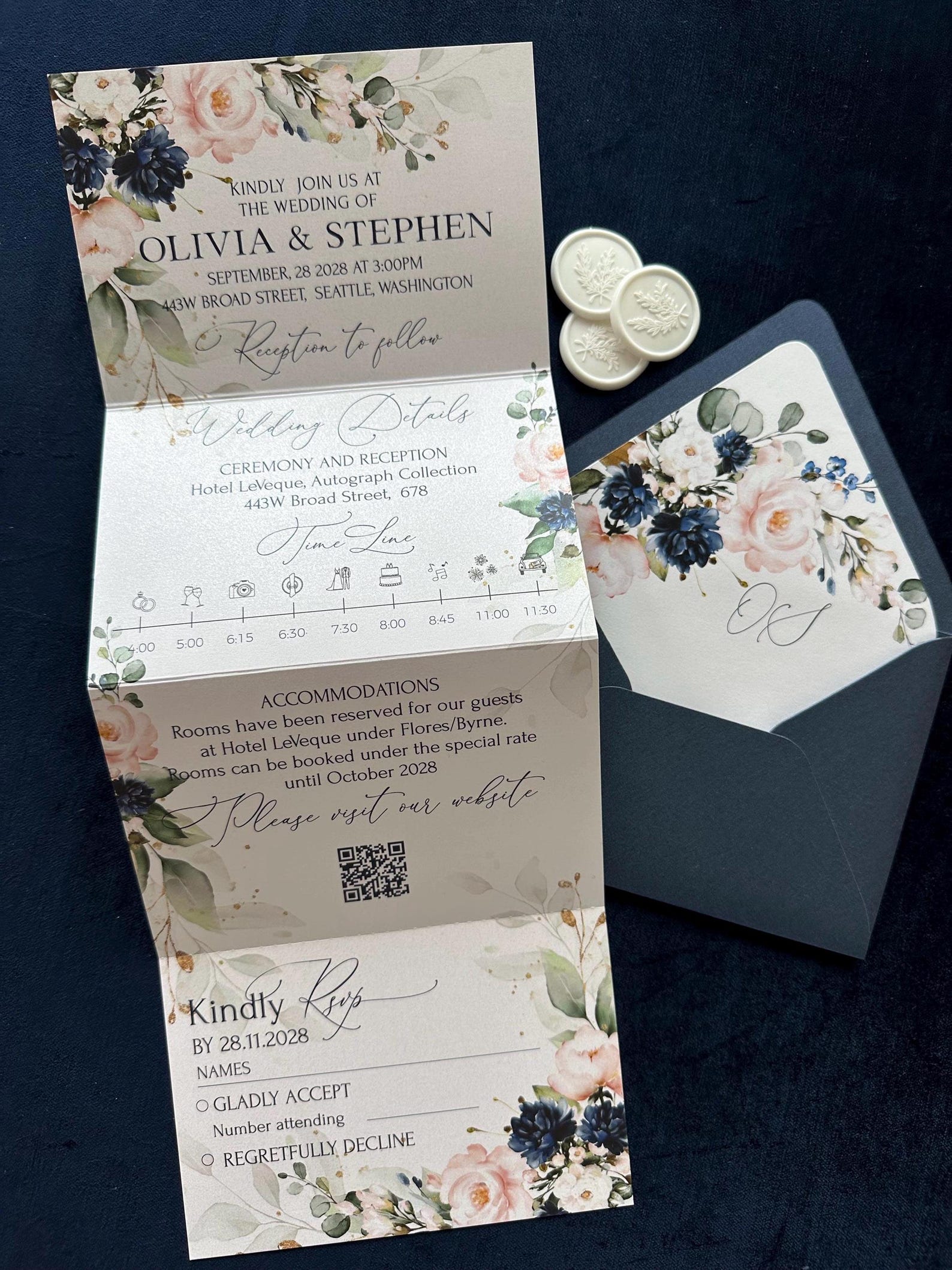 Wedding Invitation With Perforated Rsvp Navy Blue Blush Pink Trifold ...