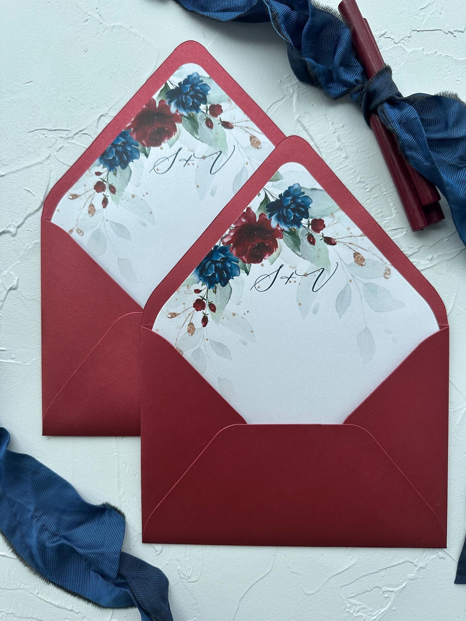 Wedding Invitation Suite Burgundy Navy Blue Flowers Handmade Envelope ...