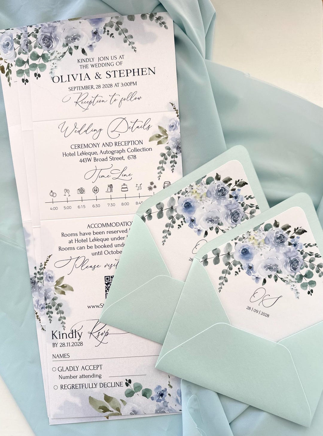 Light Blue Trifold Wedding Invitation With Perforated Rsvp Concertina ...