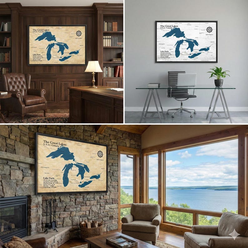 Great Lakes Map | Framed Lake Art | Customizable Nautical Wall Decor ...