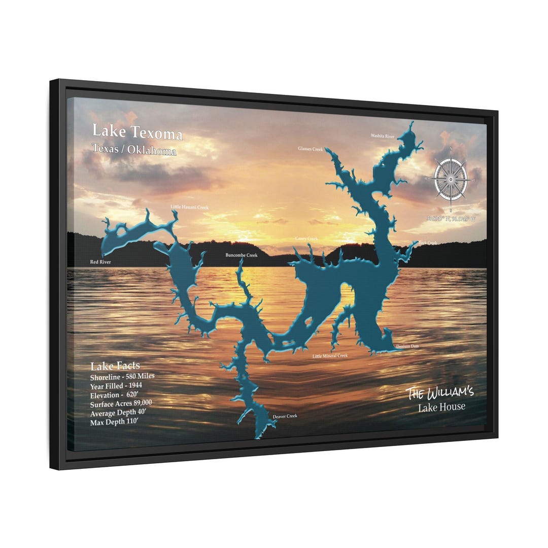 Lake Texoma Map Framed Canvas Print | Personalized Lake Art | Custom ...