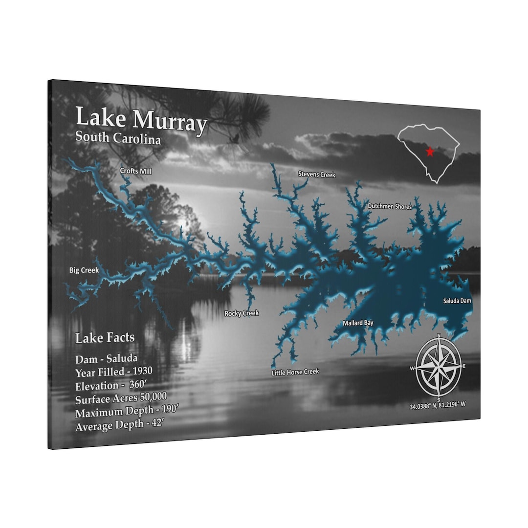 Lake Murray SC Lake Map Wall Art on Stretched Canvas, High-def Print ...