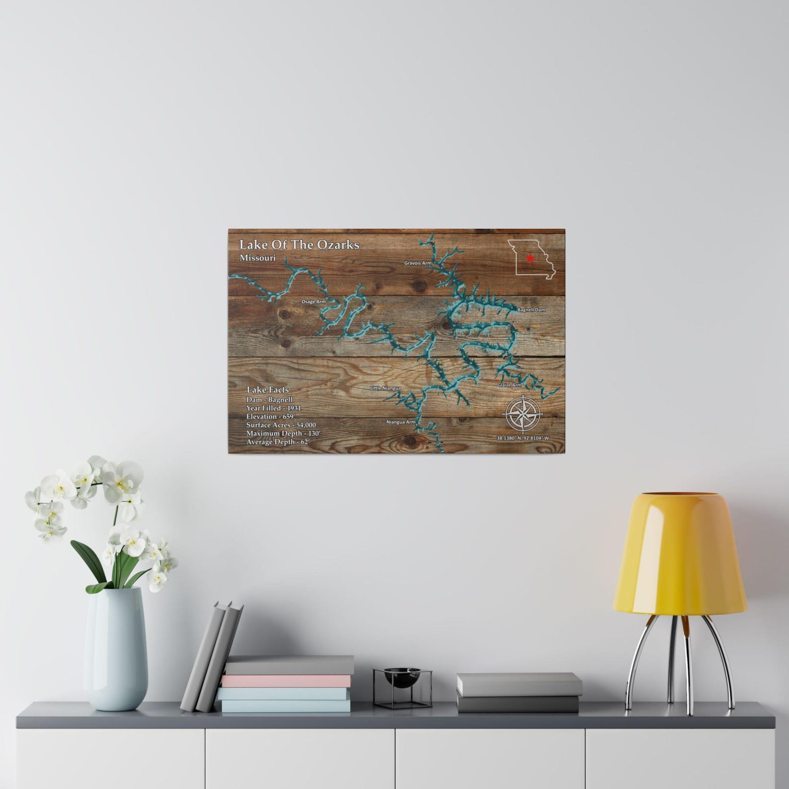 Lake of the Ozarks Lake Map With Mile Markers, Wall Canvas, Ozarks Wall ...