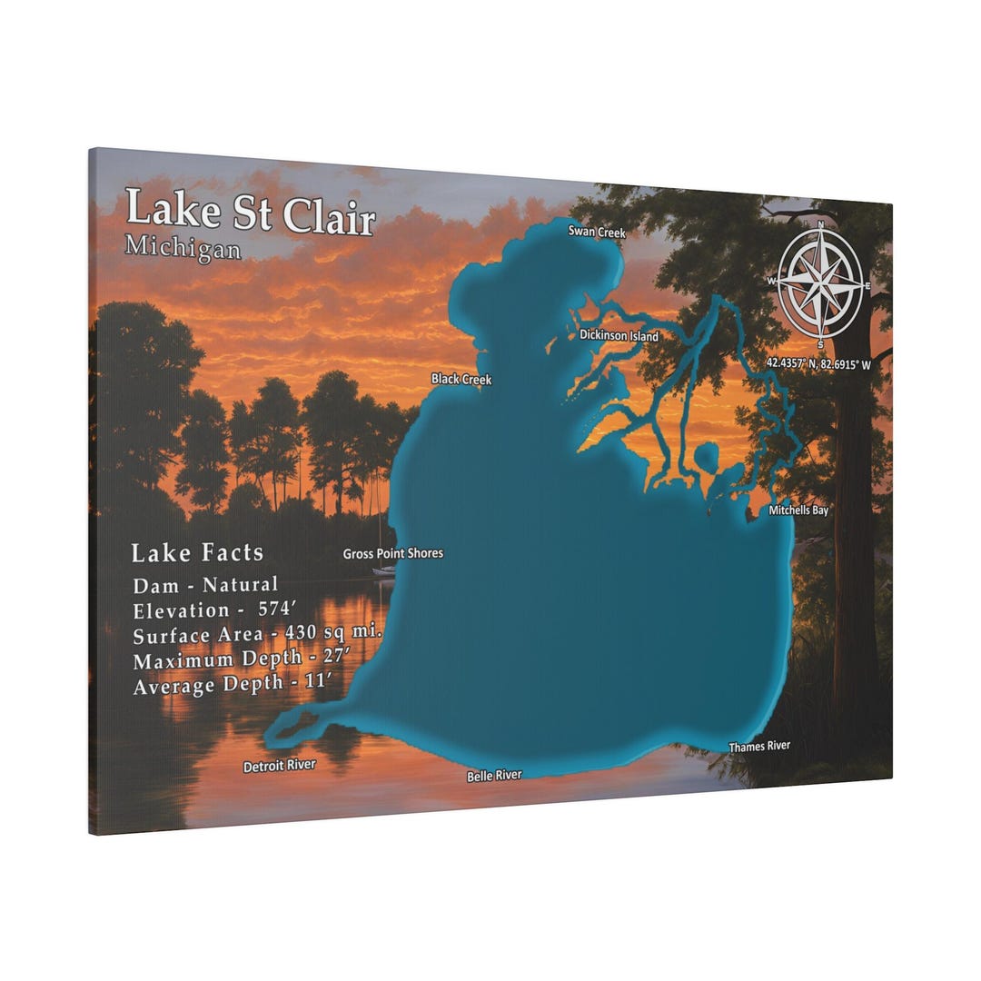 Lake St. Clair MI Map Canvas Print Wall Art for Home, Cabin, or Lake ...