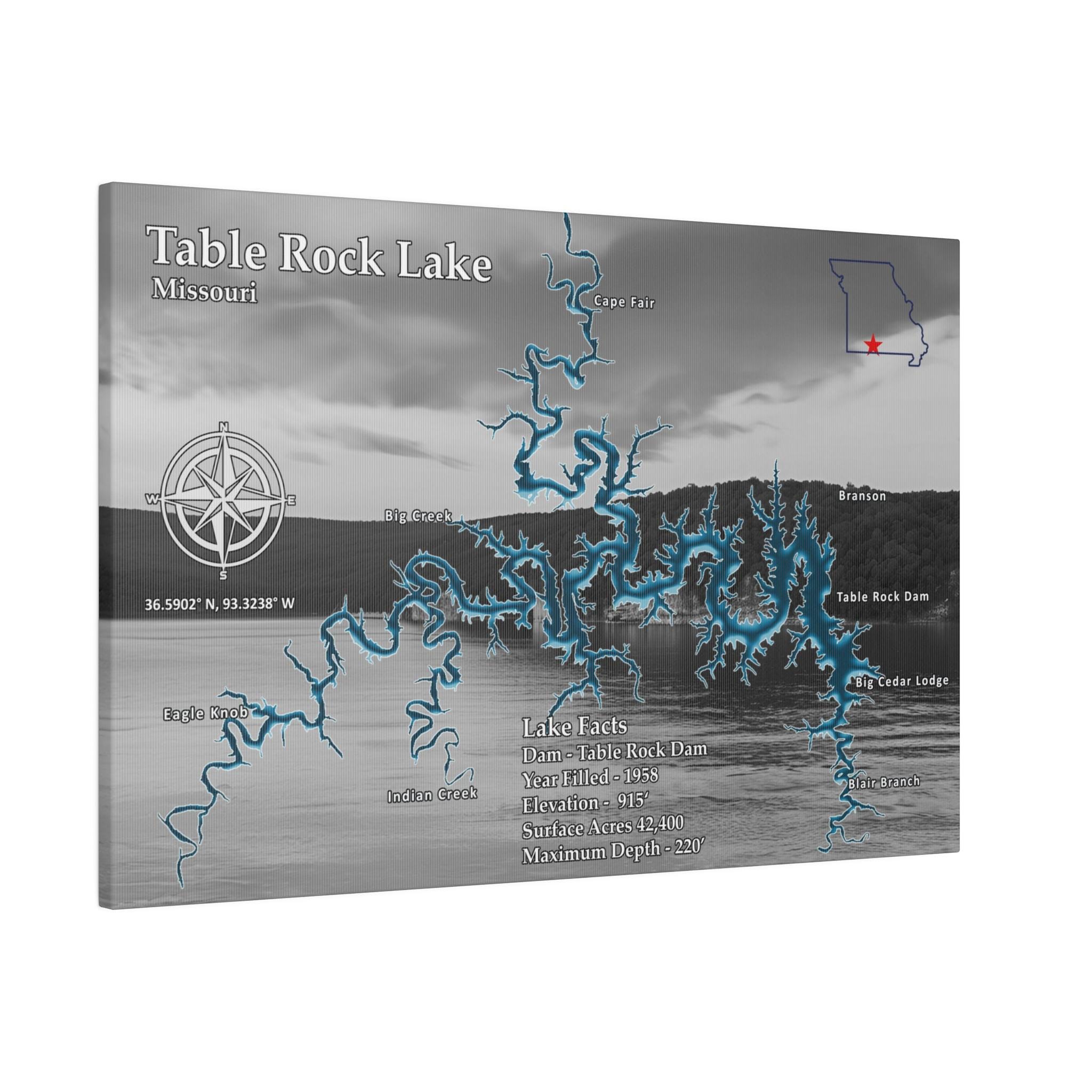 Table Rock Lake Map Canvas Wall Art Custom Lake Map, Black and White ...
