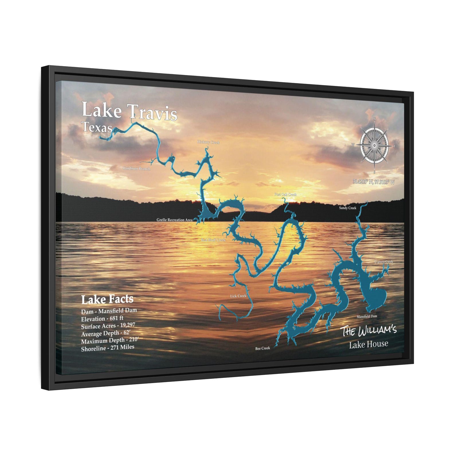 Personalized Lake Travis Texas Lake Map Framed Canvas - Lake Wall Art ...