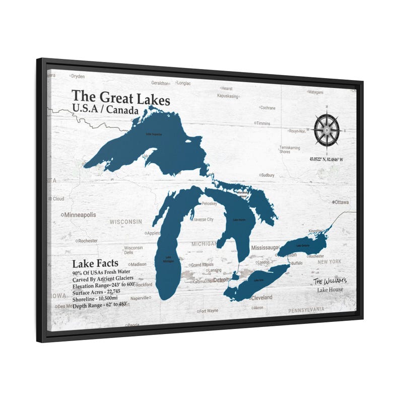 Great Lakes Map | Framed Lake Art | Customizable Nautical Wall Decor ...