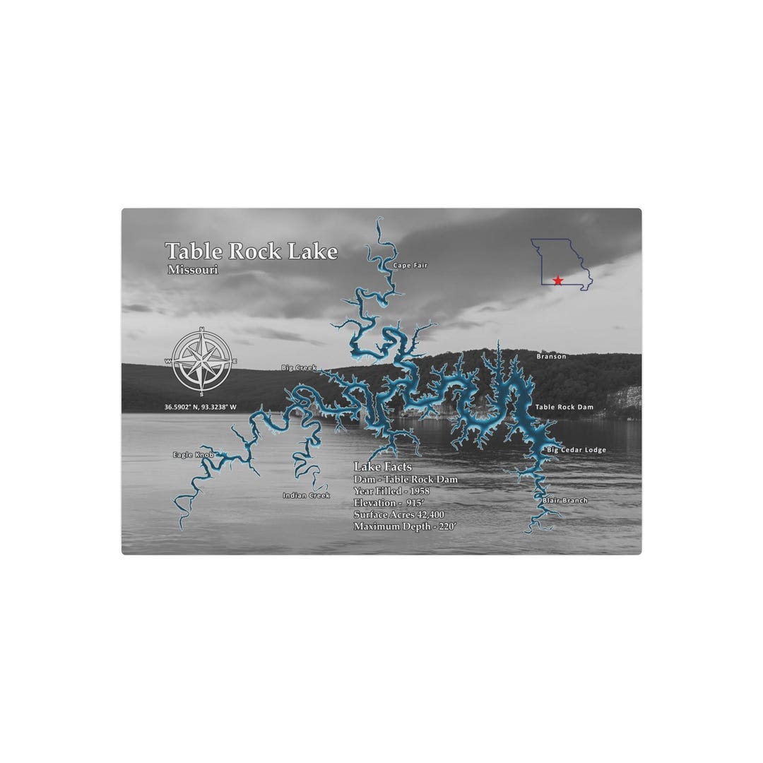 Table Rock Lake Map Metal Wall Art Custom Lake Map, Nautical Lake Decor ...