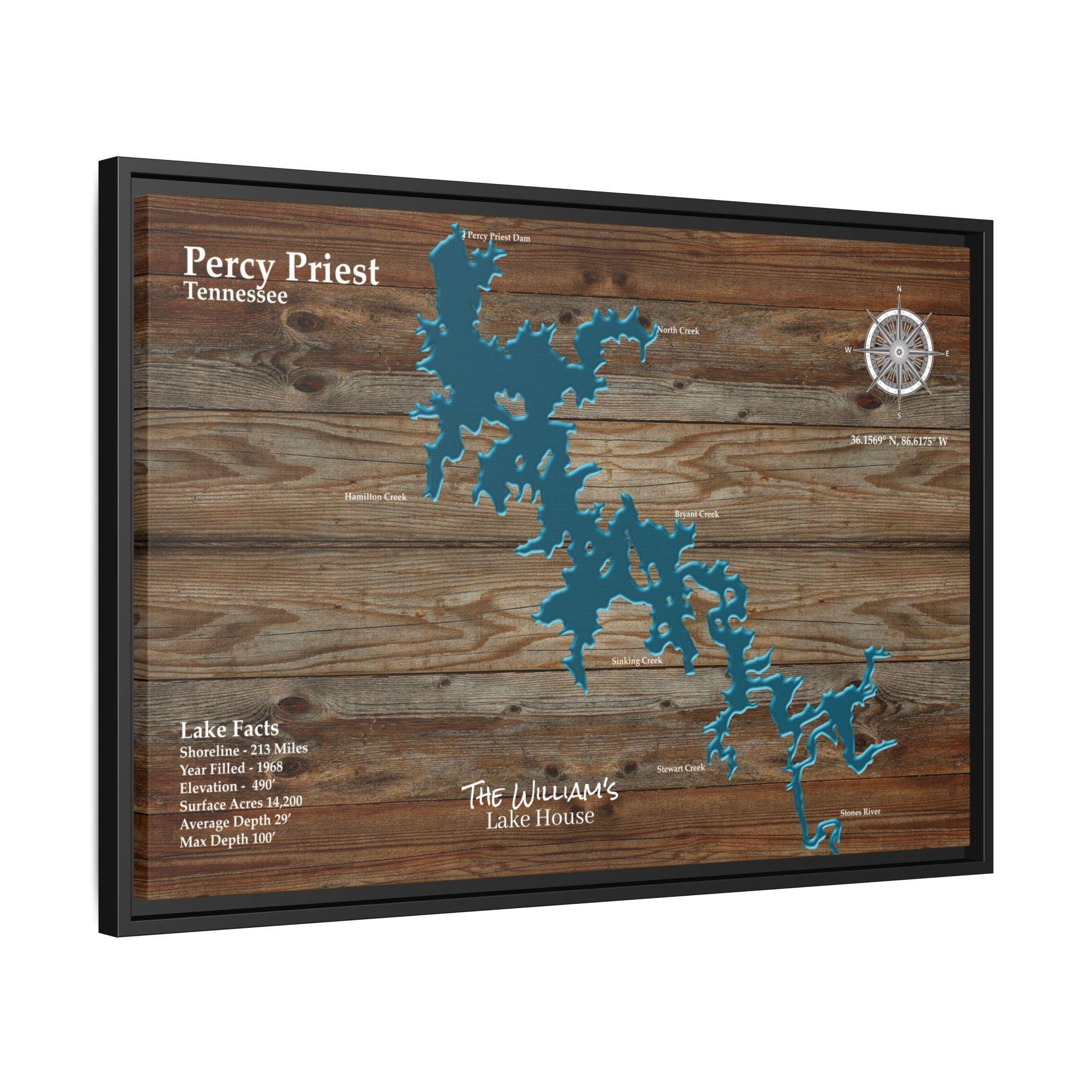 Percy Priest Lake Map Custom Framed Canvas Wall Art Print for Lake ...