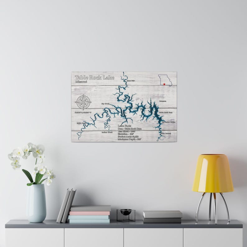 Table Rock Lake Map Wall Art on Canvas Unique Lake Decor for Home or ...