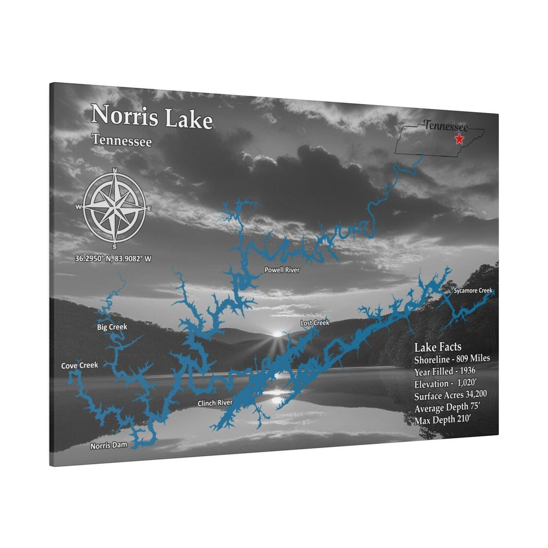 Norris Lake Map Canvas Black and White - Etsy