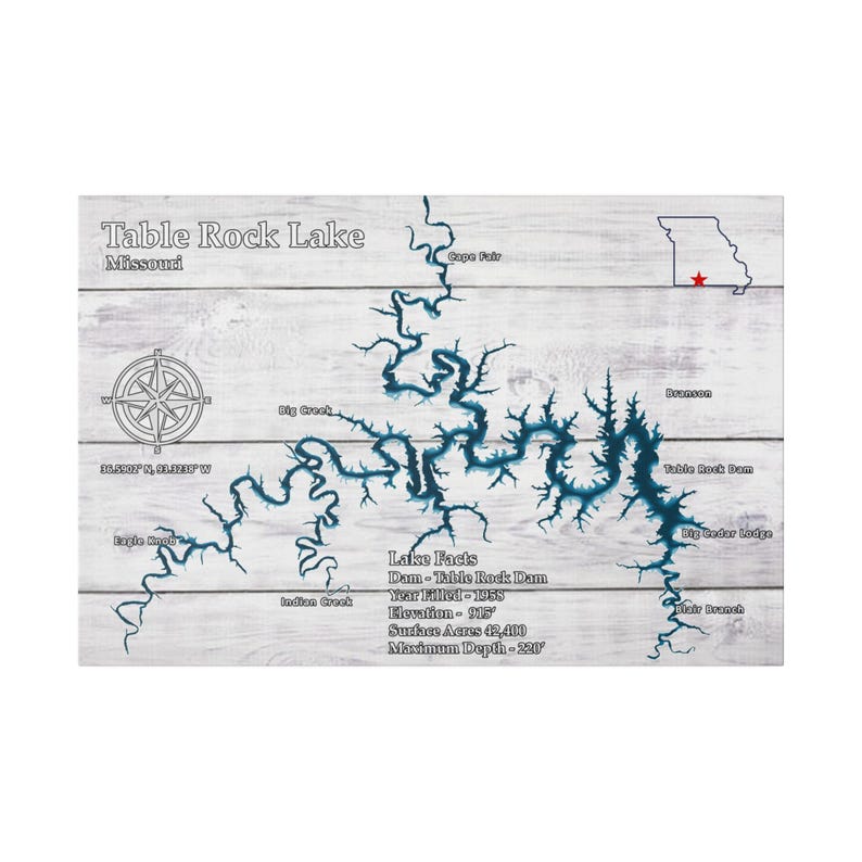 Table Rock Lake Map Wall Art on Canvas Unique Lake Decor for Home or ...