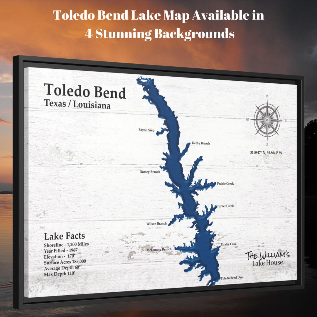Toledo Bend Lake Map Lake House Framed Canvas Wall Art Print for Lake ...