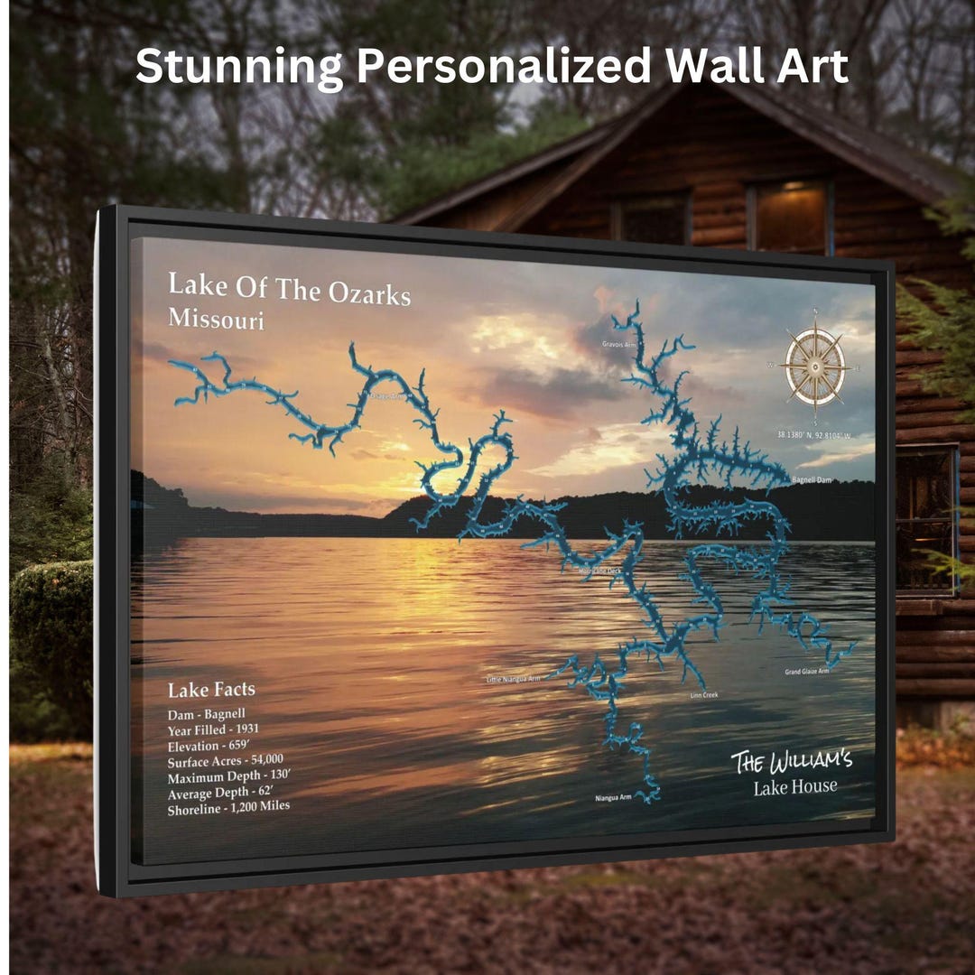 Lake of the Ozarks Lake Map Framed Canvas Wall Art Prints Gift for Lake ...