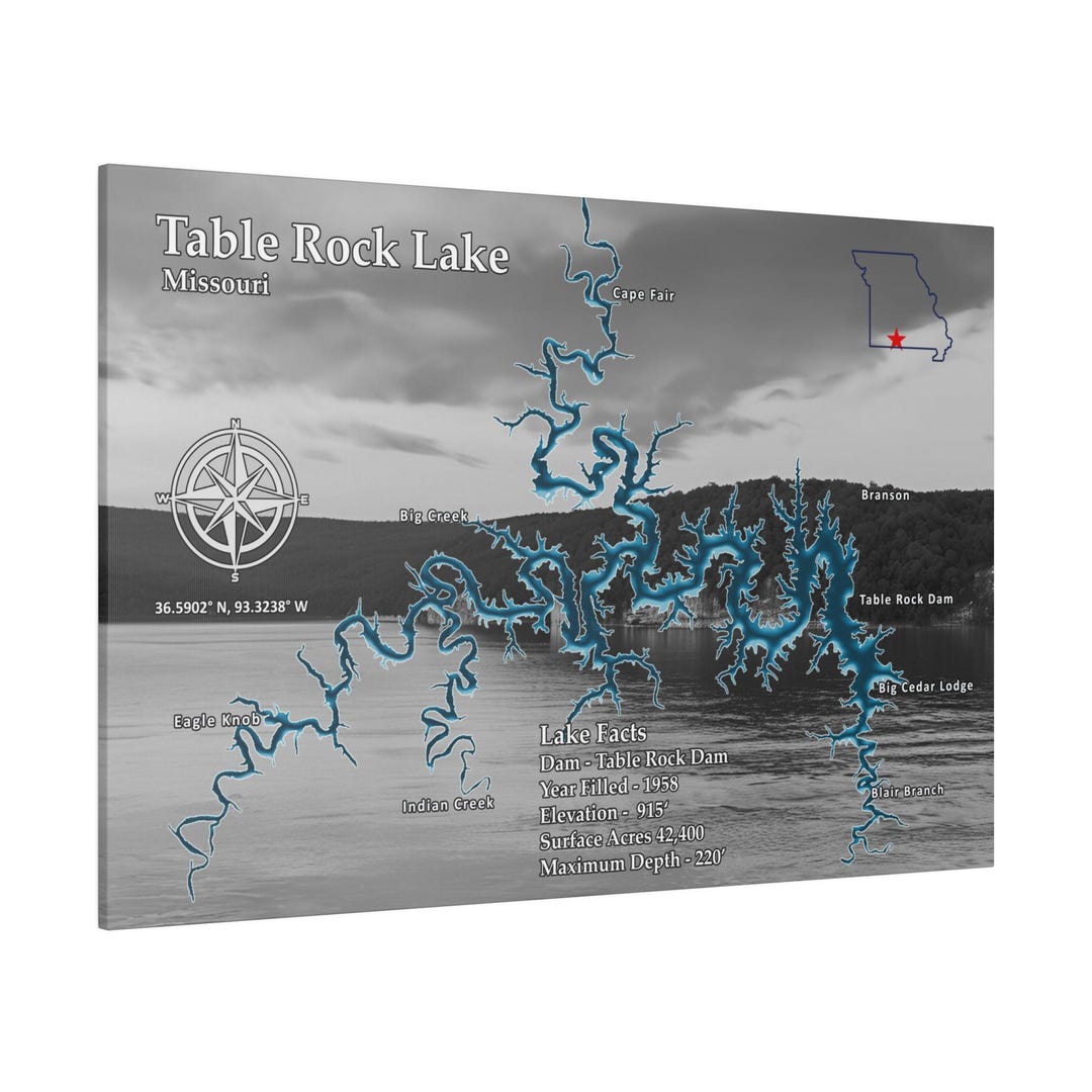 Table Rock Lake Map Canvas Wall Art Custom Lake Map, Black and White ...