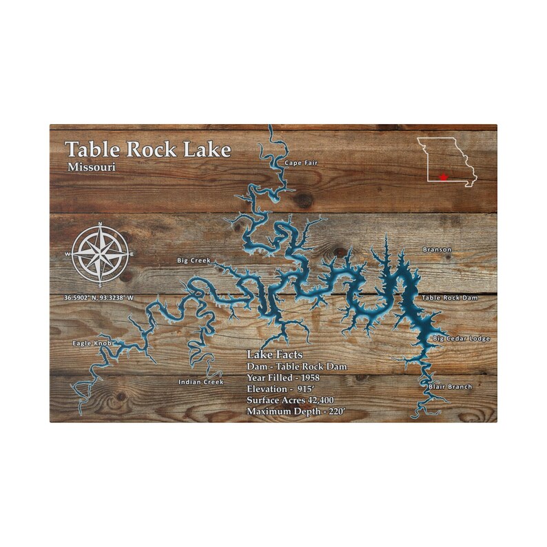 Table Rock Lake Map Table Rock Lake Wall Map Table Rock Lake Canvas ...