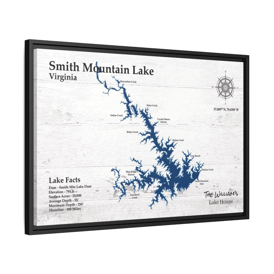 Smith Mountain Lake Map on Framed Wall Canvas for Lake House Decor ...