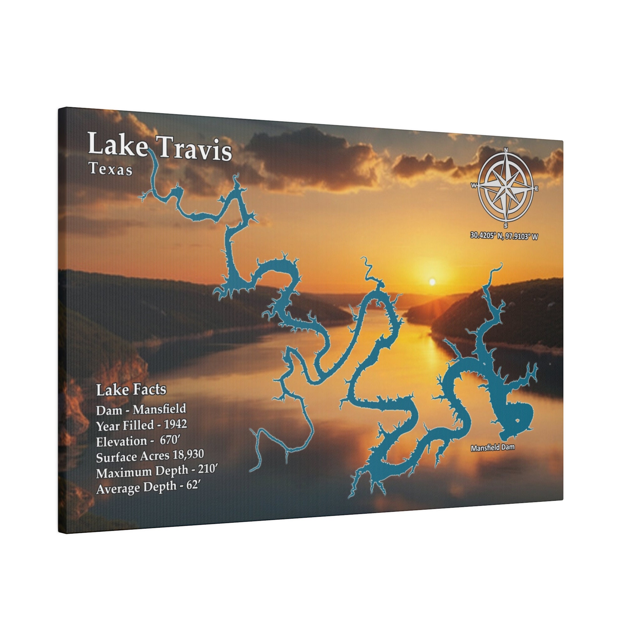 Lake Travis Lake Map Sunset - Etsy