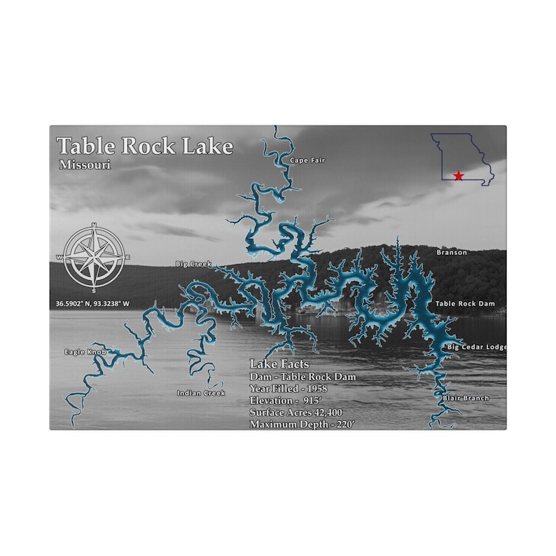 Table Rock Lake Map Canvas Wall Art Custom Lake Map, Black and White ...