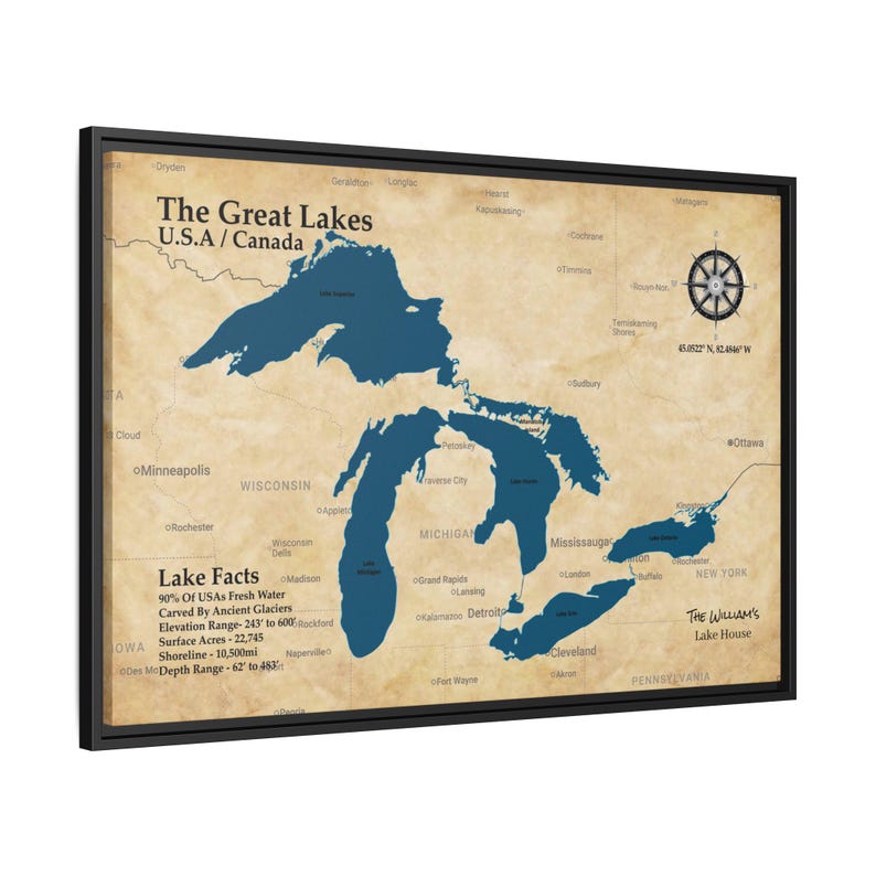 Great Lakes Map | Framed Lake Art | Customizable Nautical Wall Decor ...