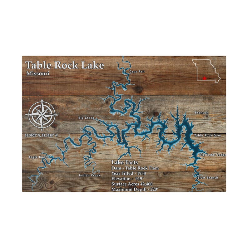 Table Rock Lake Map Table Rock Lake Wall Map Table Rock Lake Canvas ...
