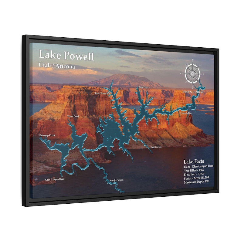 Lake Powell Lake Map Framed Canvas Wall Art for Lake House Decor Gift ...