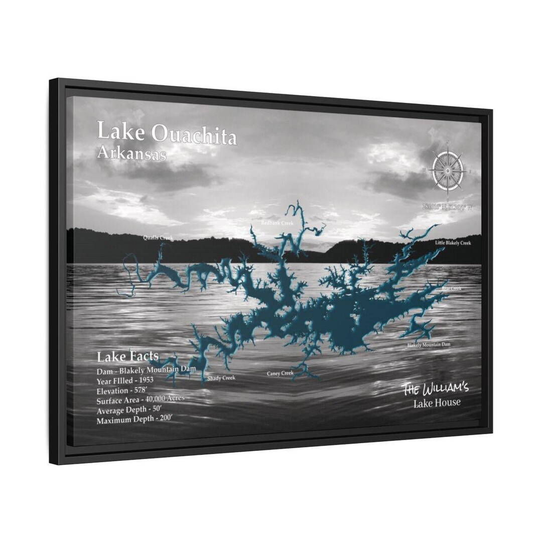 Lake Ouachita Lake Map Framed Canvas Wall Art for Lake House Decor Gift ...