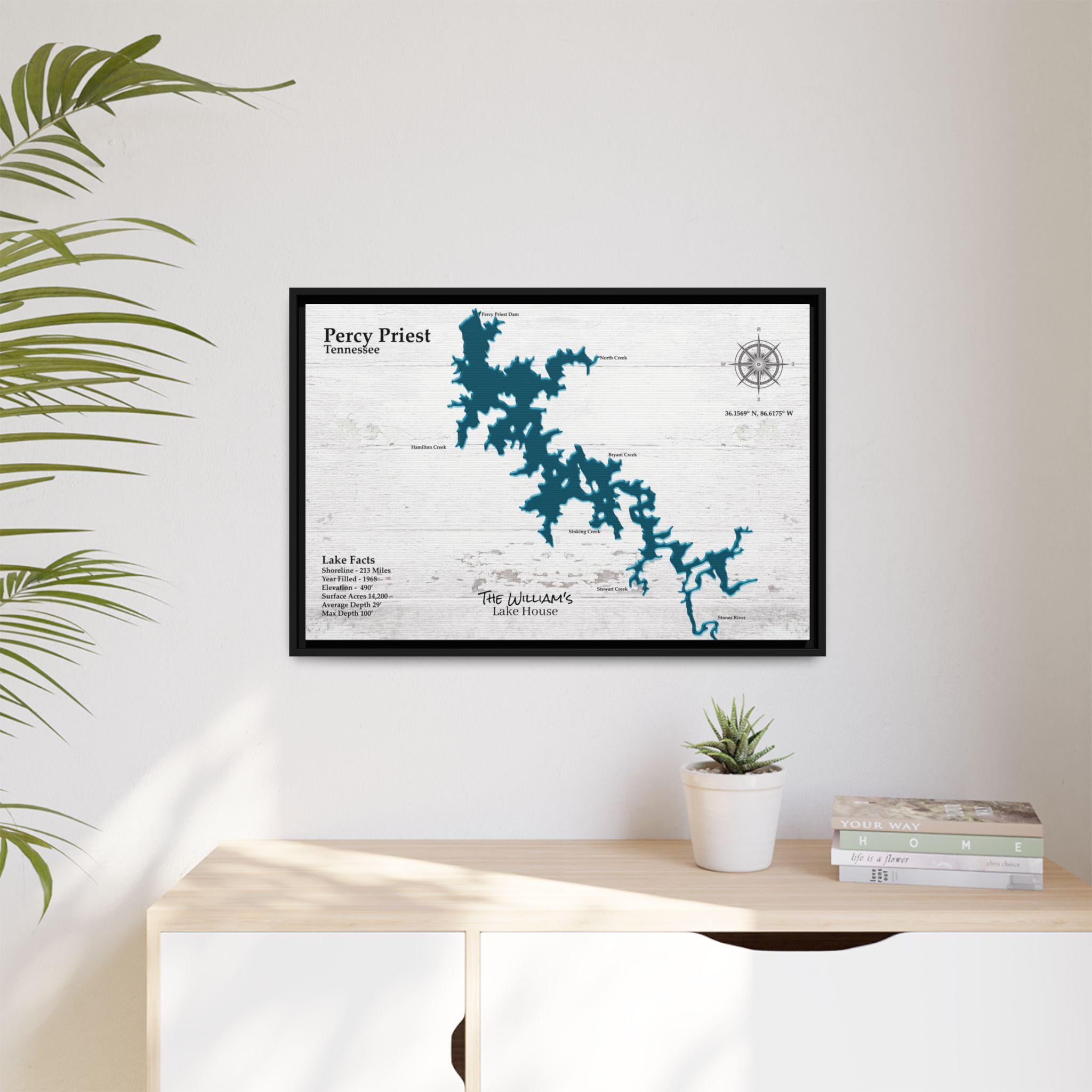 Percy Priest Lake Map Custom Framed Canvas Wall Art Print for Lake ...