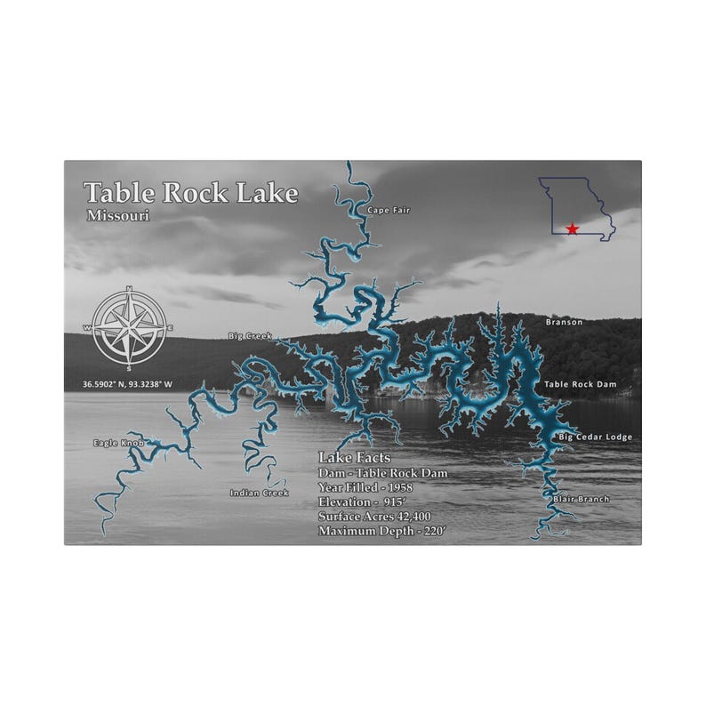 Table Rock Lake Map Canvas Wall Art Custom Lake Map, Black and White ...