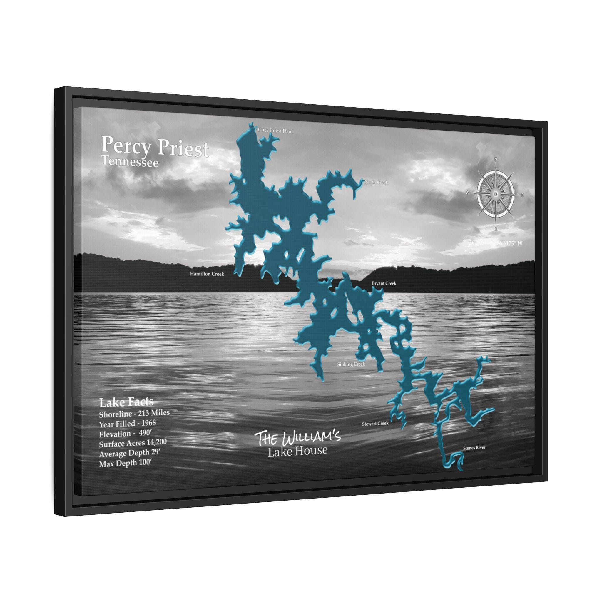 Percy Priest Lake Map Custom Framed Canvas Wall Art Print for Lake ...