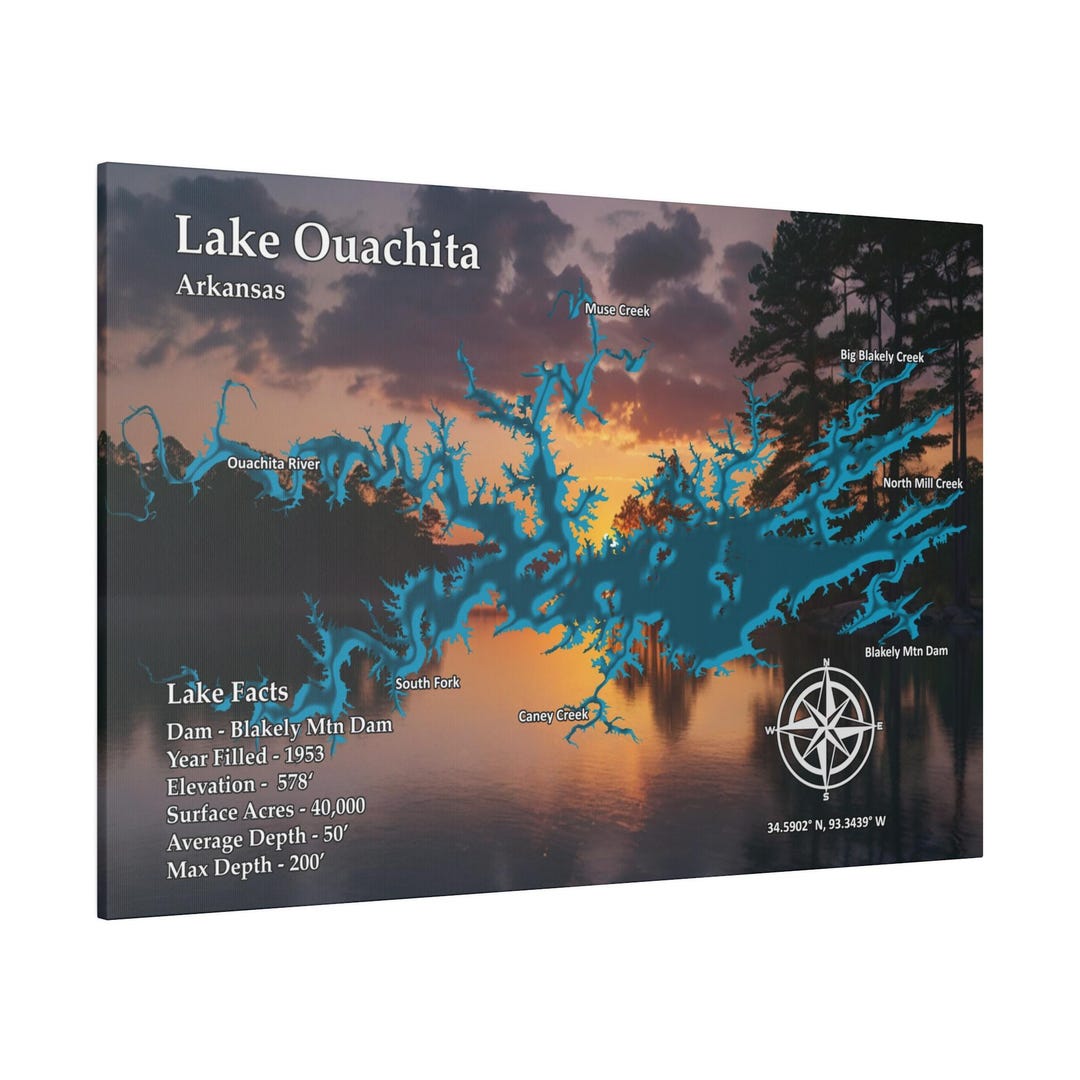 Lake Ouachita Map Canvas Print Wall Art for Home or Cabin Decor ...