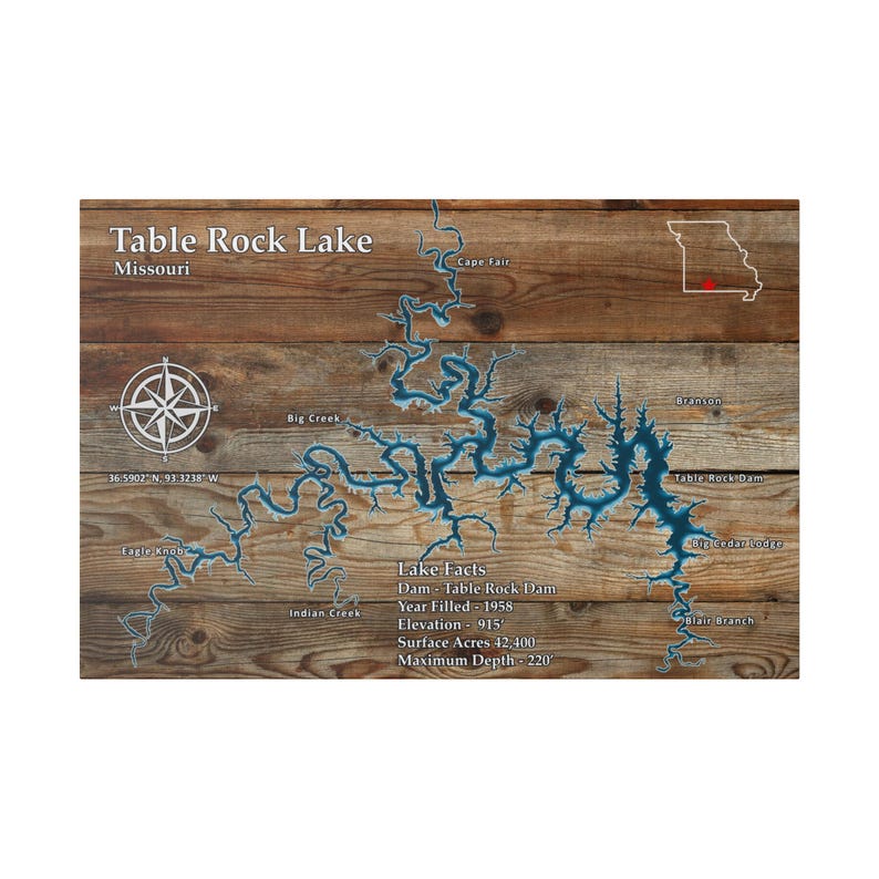 Table Rock Lake Map Table Rock Lake Wall Map Table Rock Lake Canvas ...
