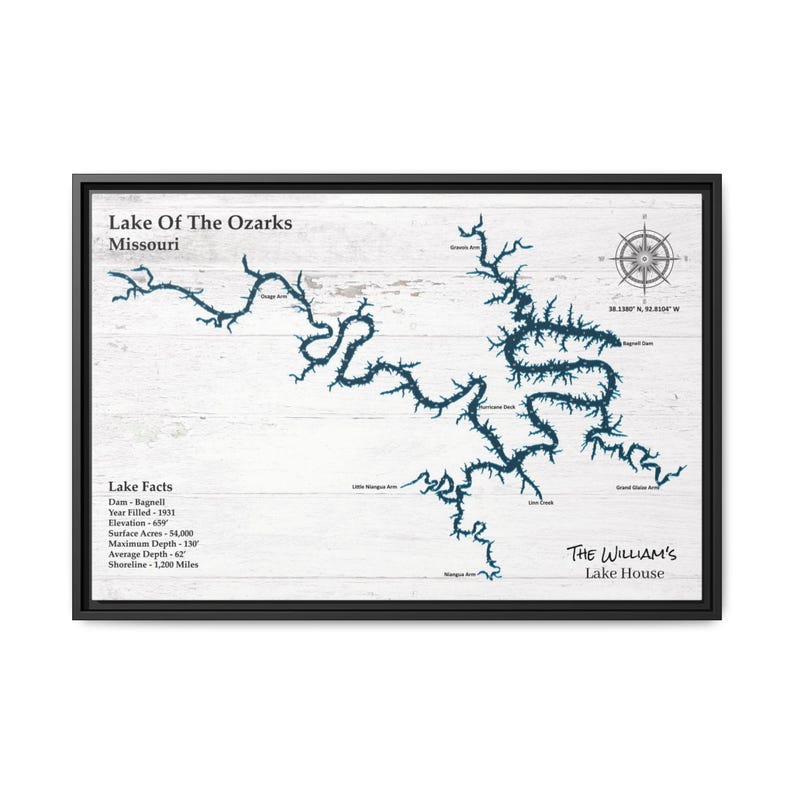 Lake of the Ozarks Wall Map – Framed Canvas Lake Art – Custom Lake Wall ...