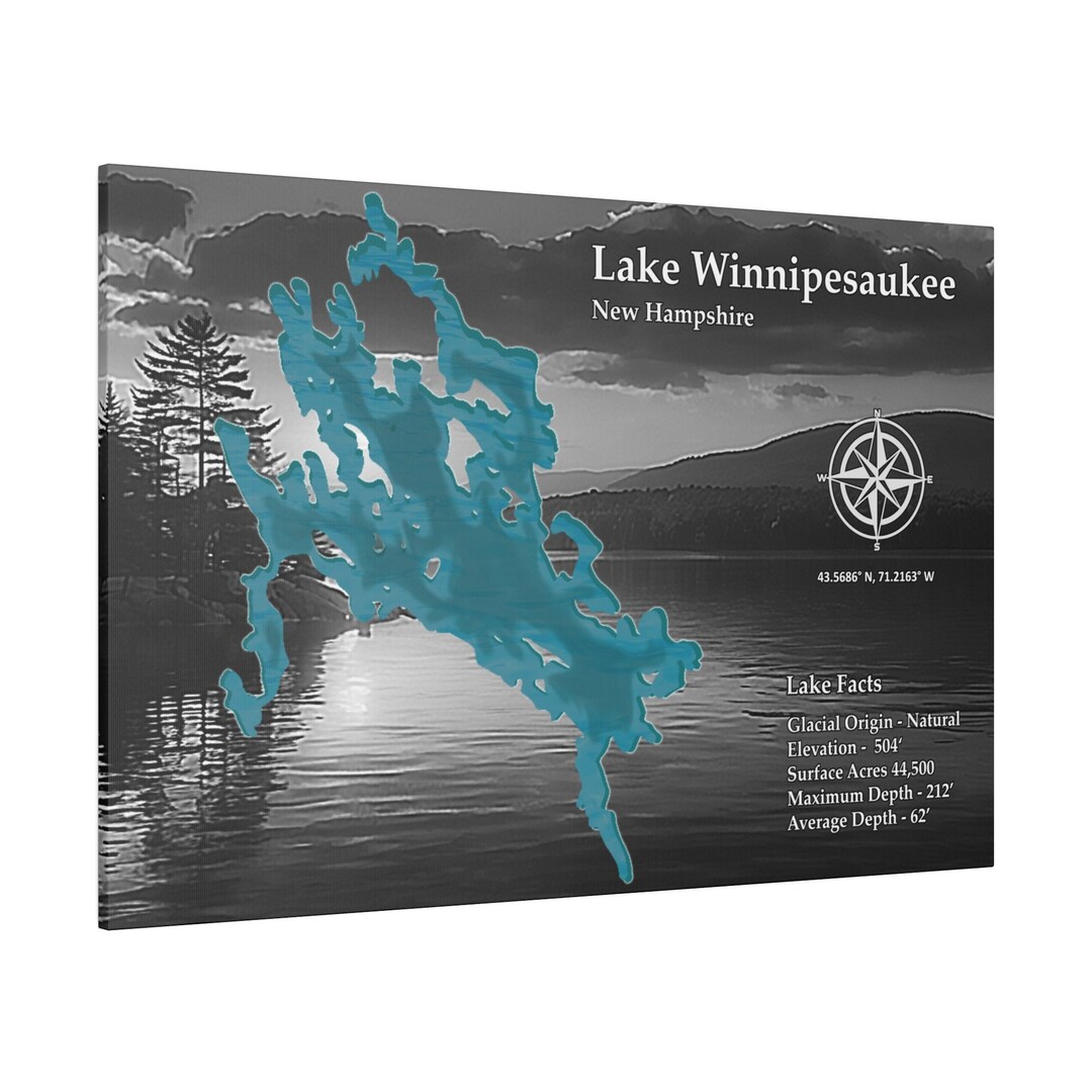 Lake Winnipesaukee Lake Map Wall Canvas Art Gifts for Lake House Gifts ...