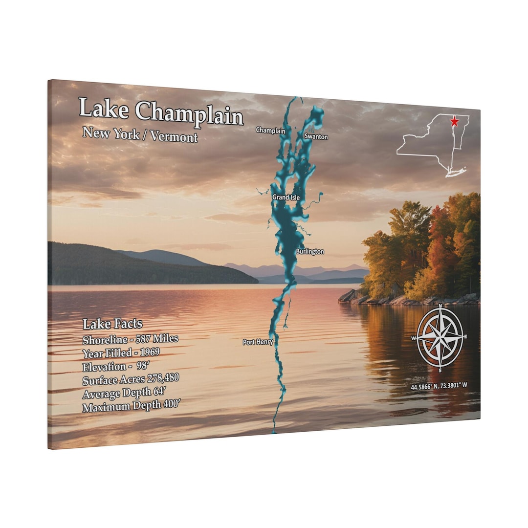 Lake Champlain NY Lake Map Canvas Print Wall Art Decor for Home or ...