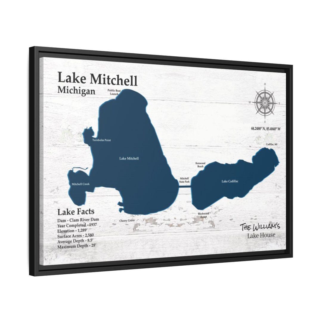 Lake Mitchell & Cadillac Lakes Map: Framed Canvas Wall Art - Etsy