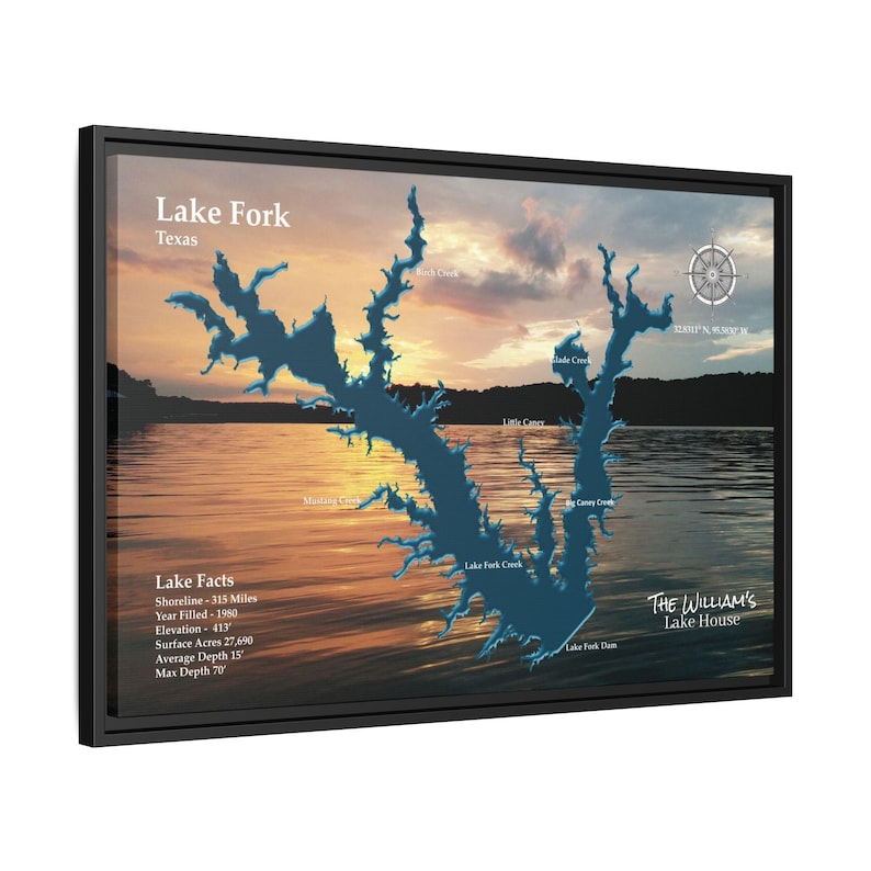 Custom Canvas Lake Map for Wall, Lake Fork Lake Map, Lake Fork Facts ...