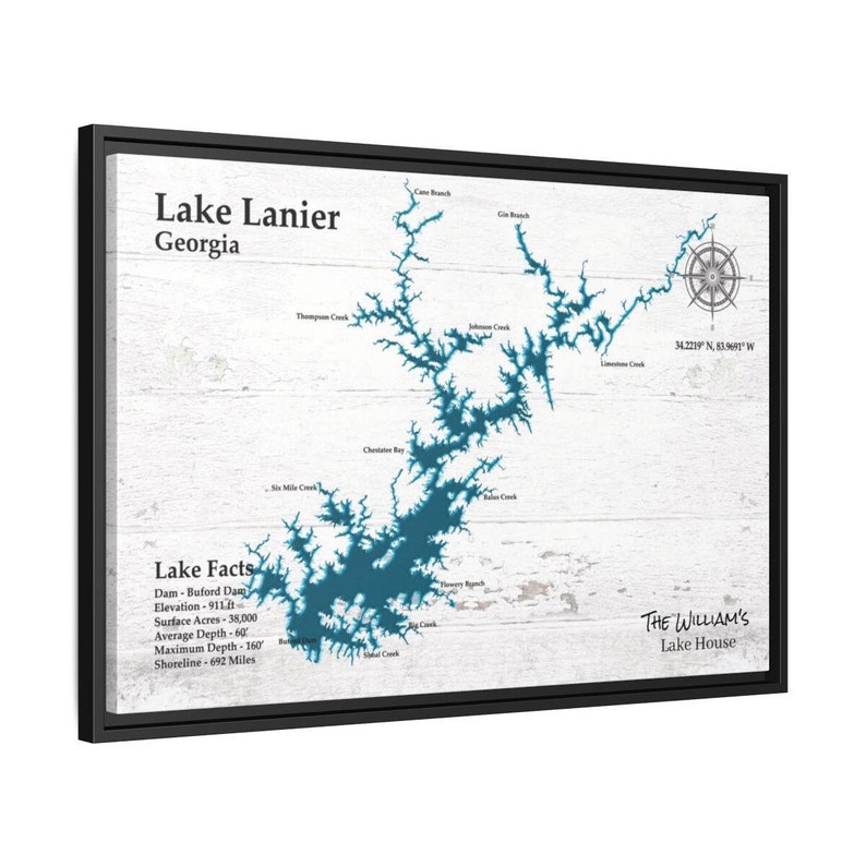 Lake Lanier Lake Map on Framed Canvas - Lake House Decor Wall Art Gifts ...
